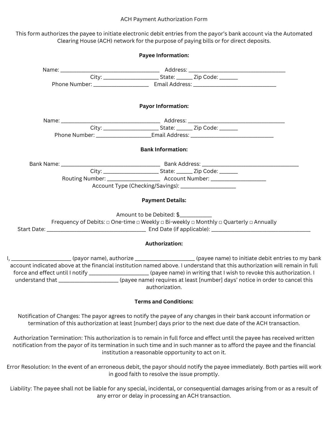ACH Payment Authorization Form- Template Download - Etsy