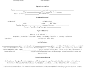 Digitally Fillable ACH Authorization Form - Etsy