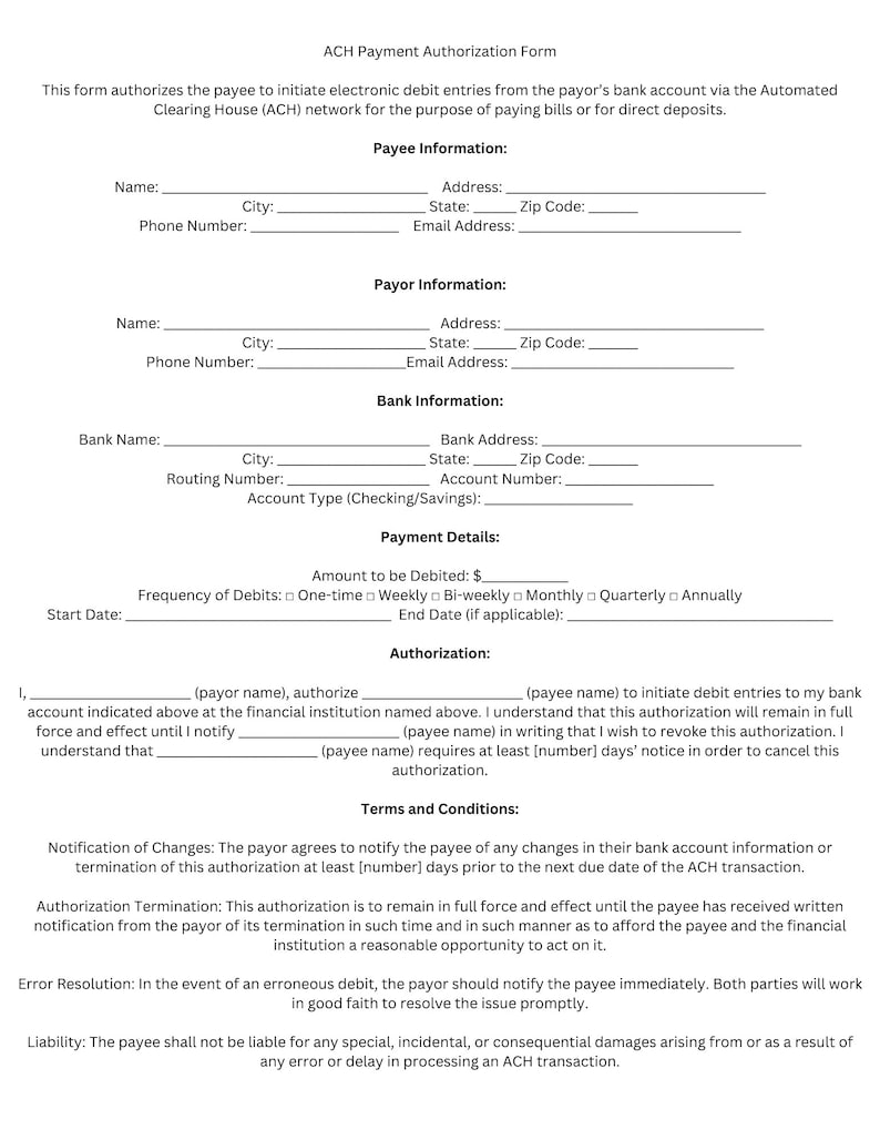 ACH Payment Authorization Form- Template Download - Etsy