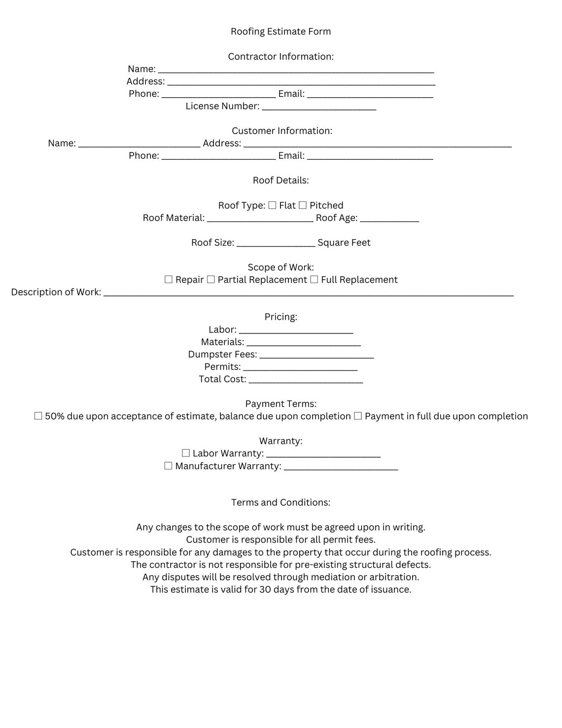 Roofing Estimate Form-template, Instant Download - Etsy