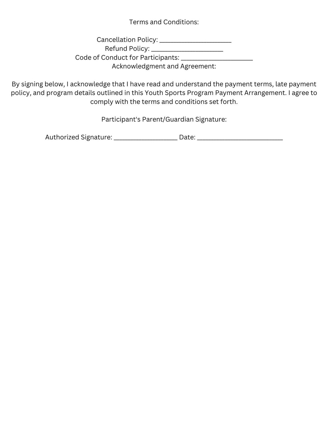 Youth Sports Program Payment Arrangement Form-template, Instant ...
