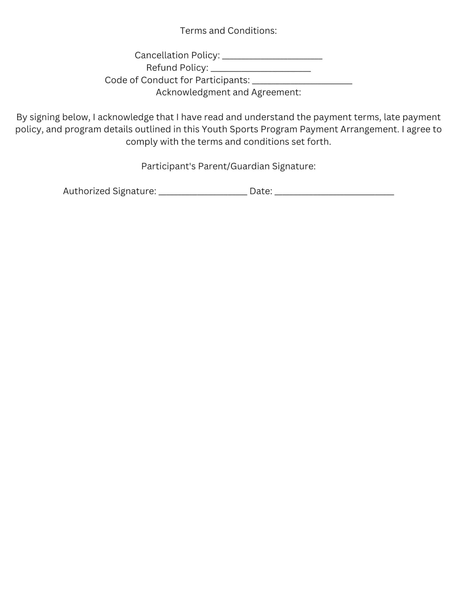 Youth Sports Program Payment Arrangement Form-template, Instant ...