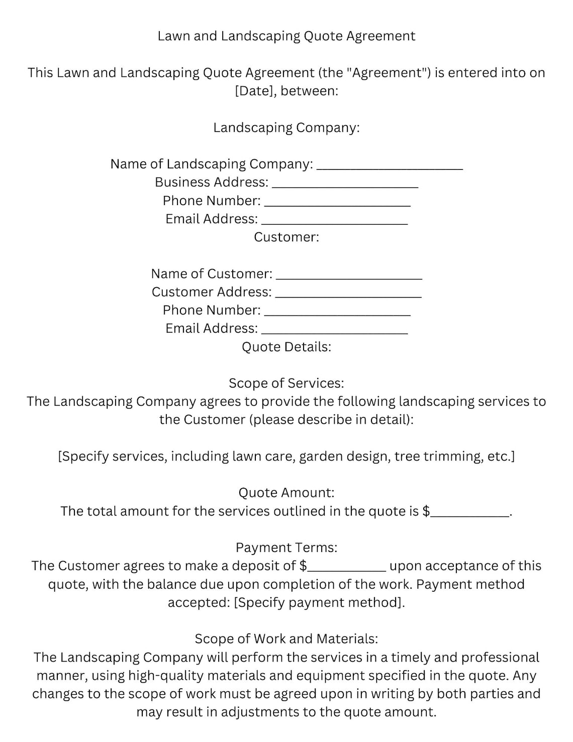 Lawn and Landscaping Quote Agreement Template - Etsy