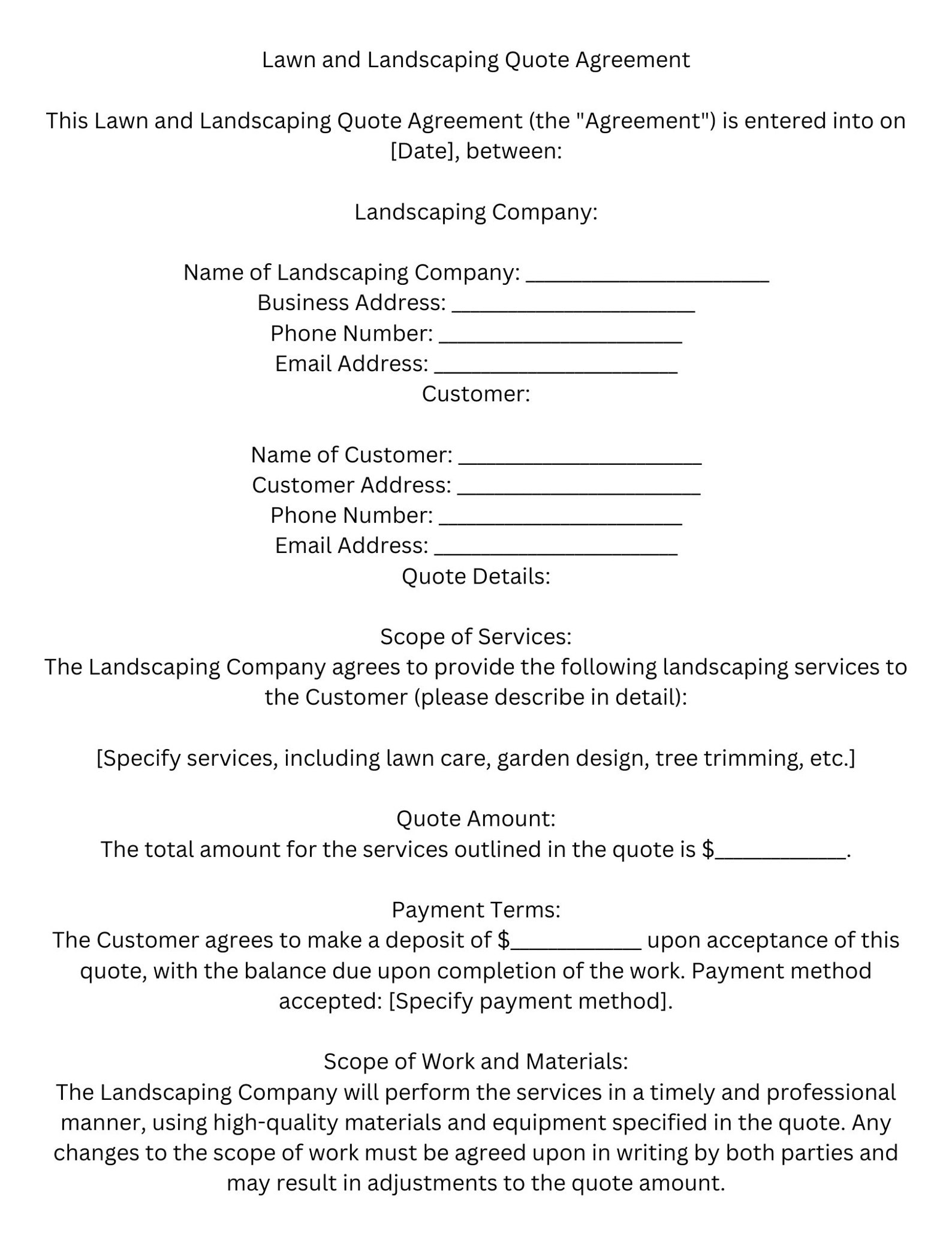 Lawn and Landscaping Quote Agreement Template - Etsy