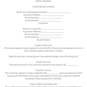 Lawn and Landscaping Quote Agreement Template - Etsy