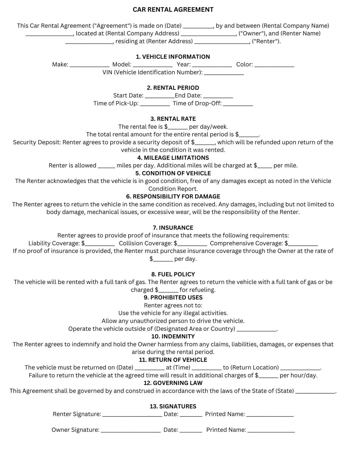 Car Rental Agreement Template | Editable & Printable Car Rental ...