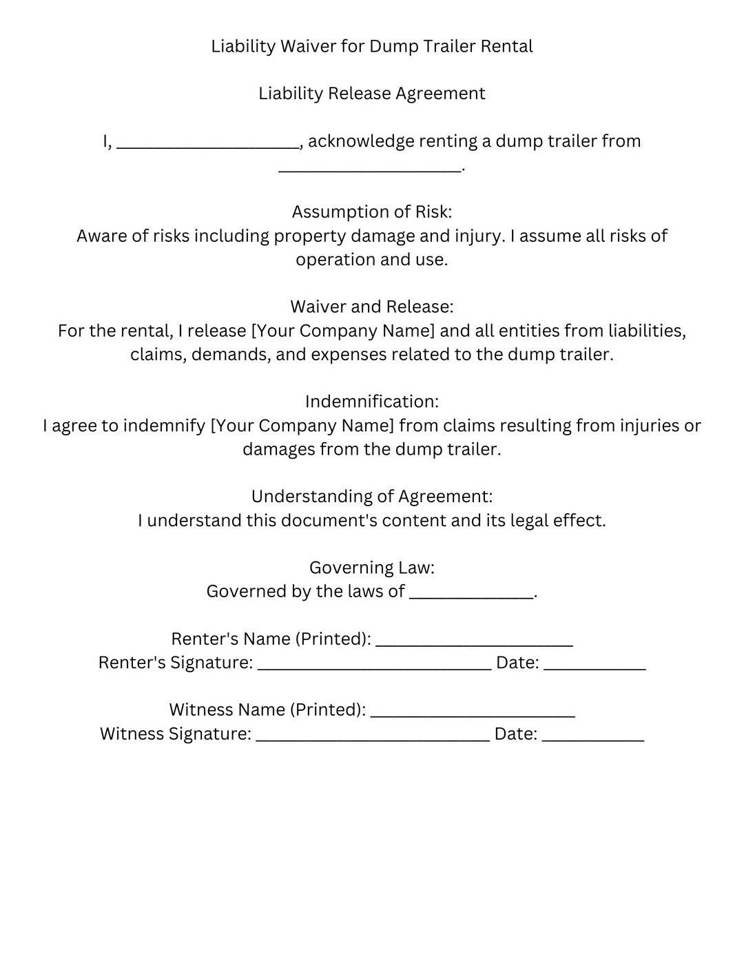 Dump Trailer Rental Liability Waiver - Etsy