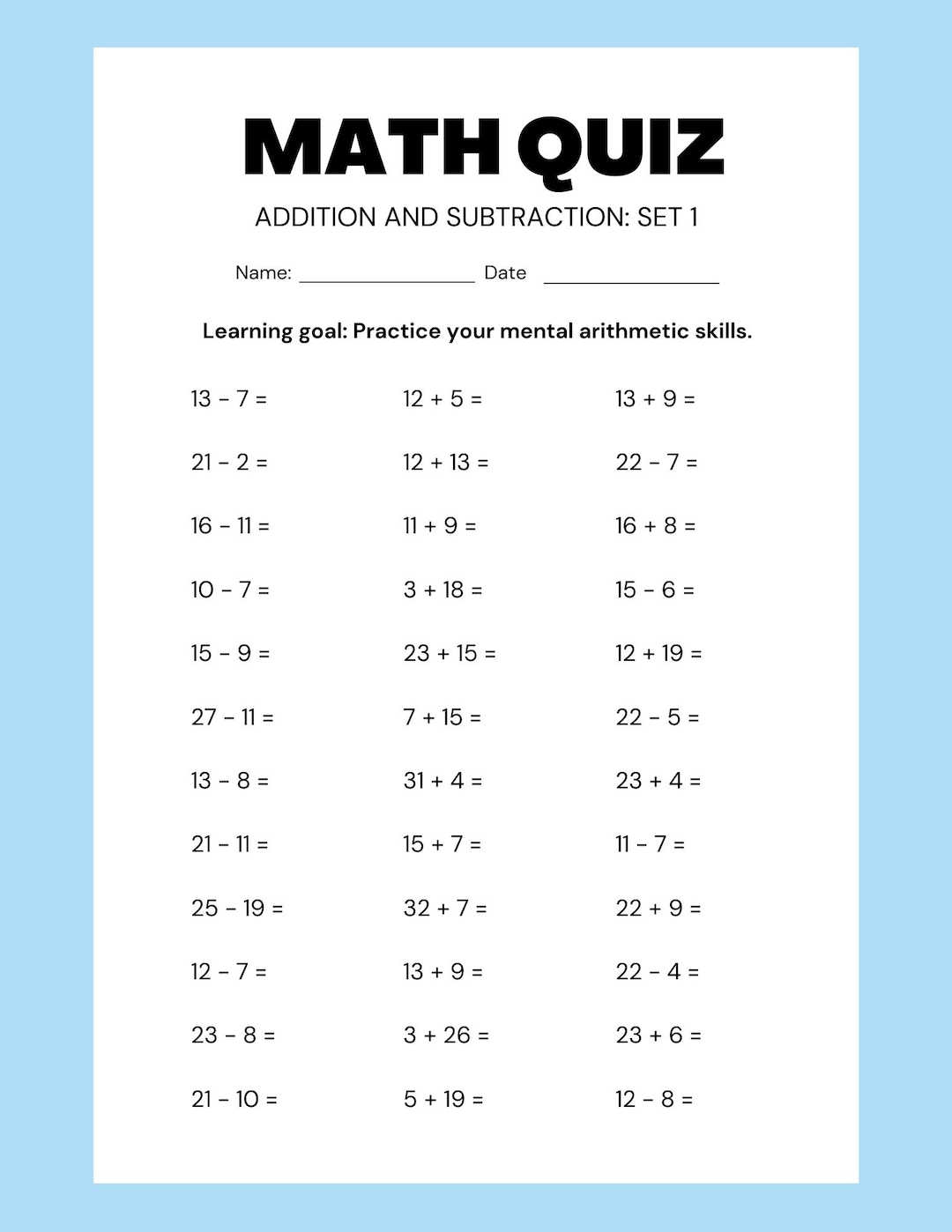 Addition and Subtraction Practice Worksheets Pack for Grades 1-3 | Math ...