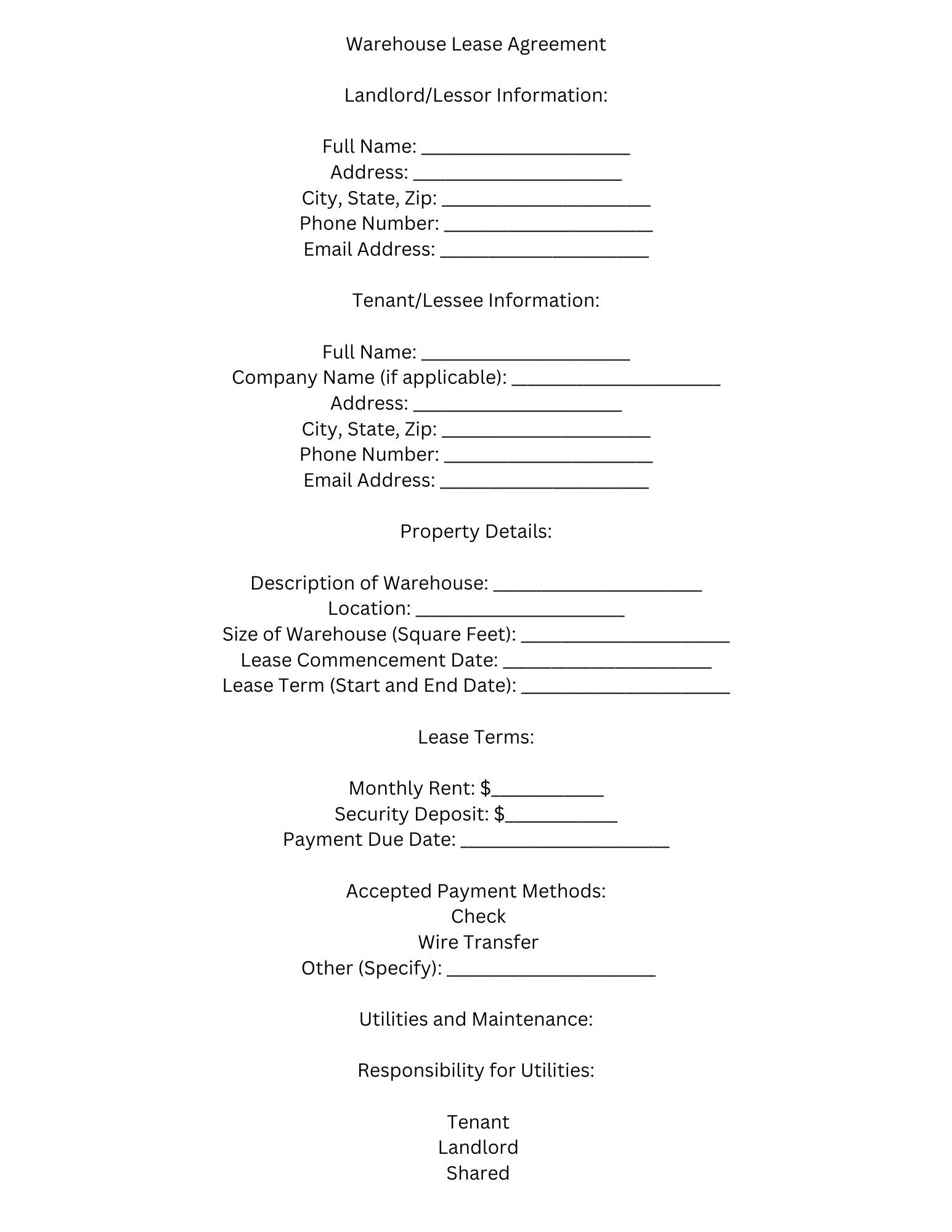 Warehouse Lease Agreement-template, Instant Download - Etsy