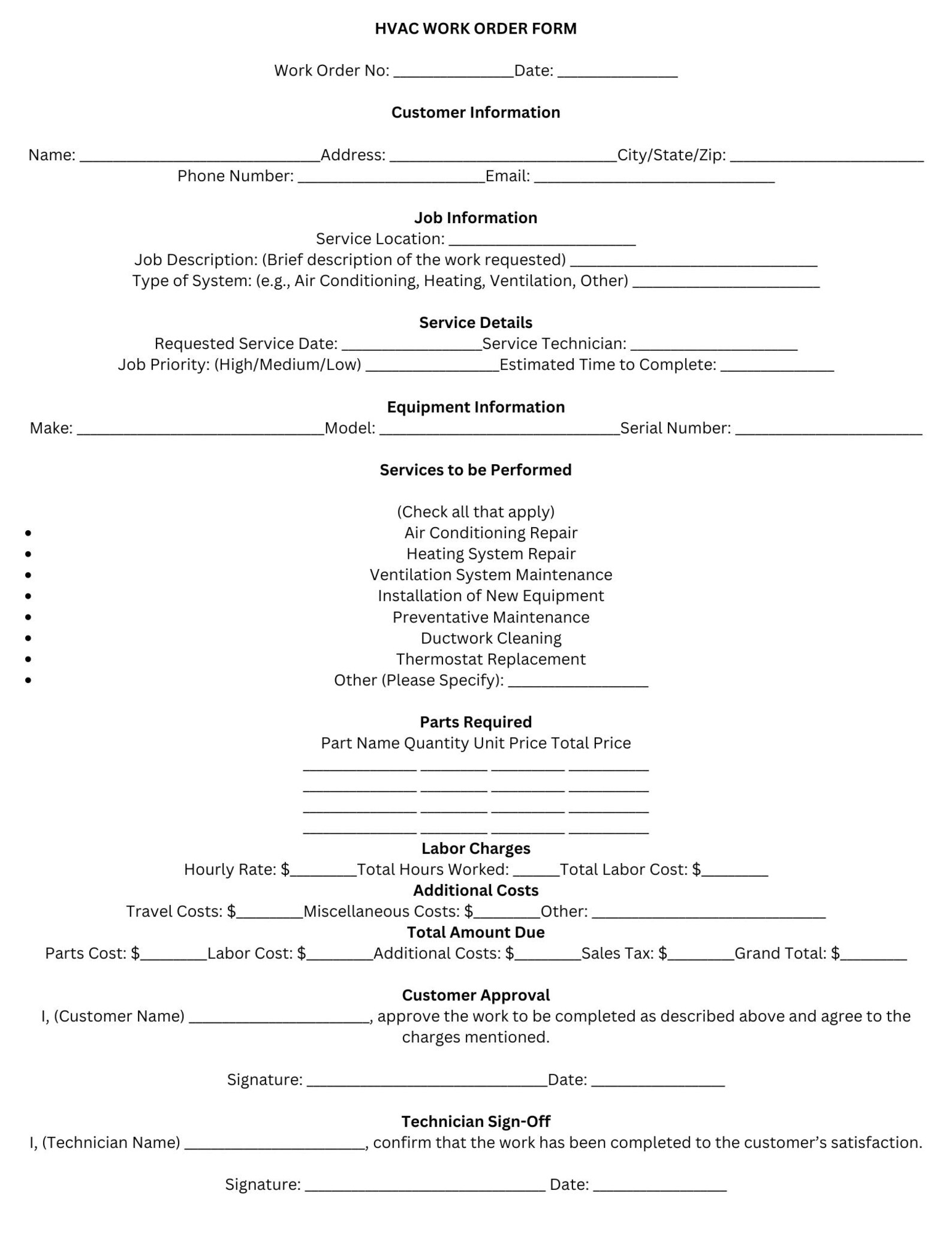HVAC Work Order Form Template | Editable HVAC Work Order Template for ...