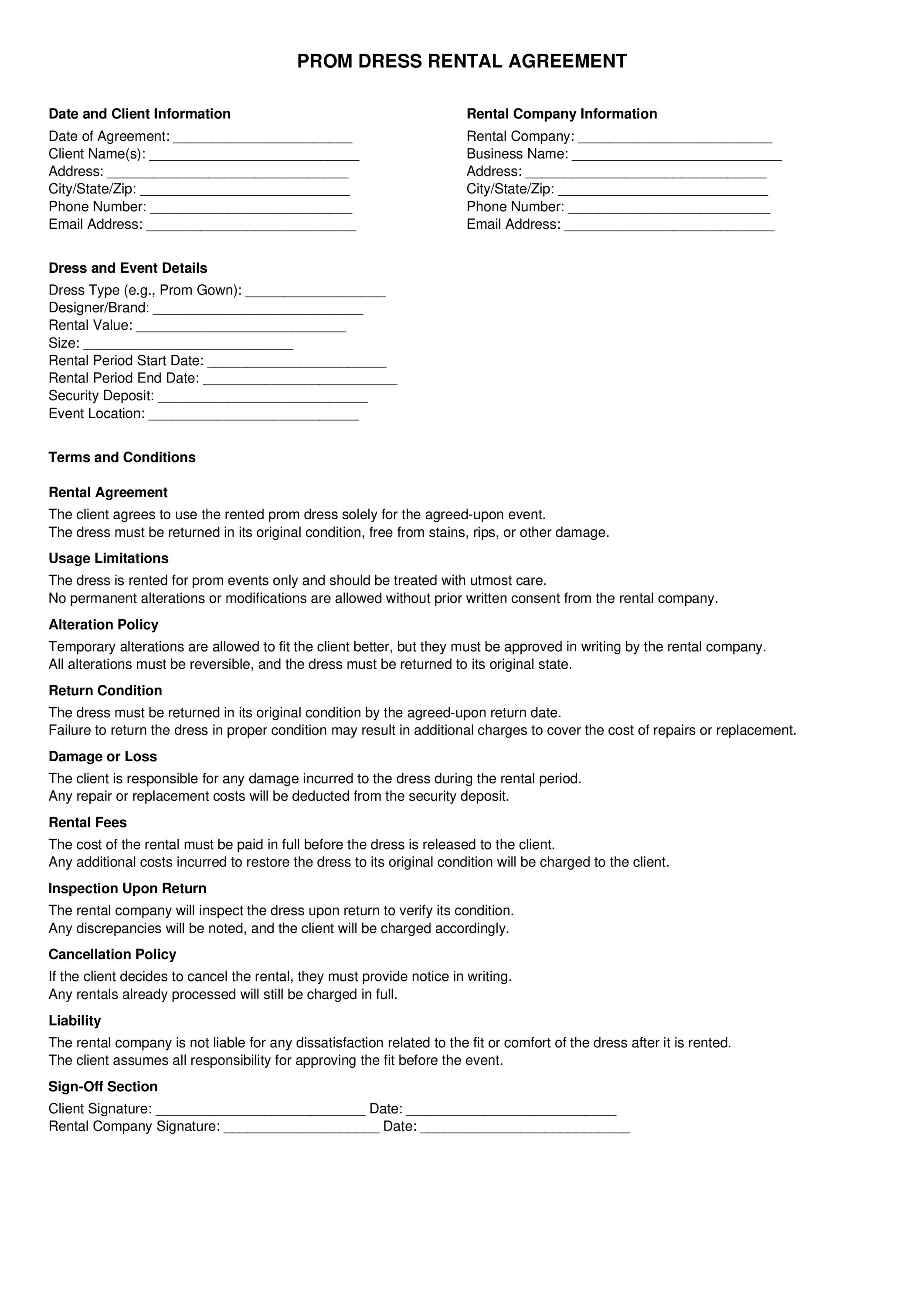 Prom Dress Rental Agreement | Formal Gown Contract | Editable PDF - Etsy