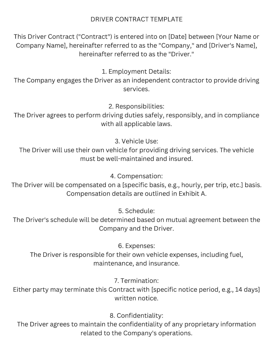 Driver Contract Form Template-pdf Download - Etsy