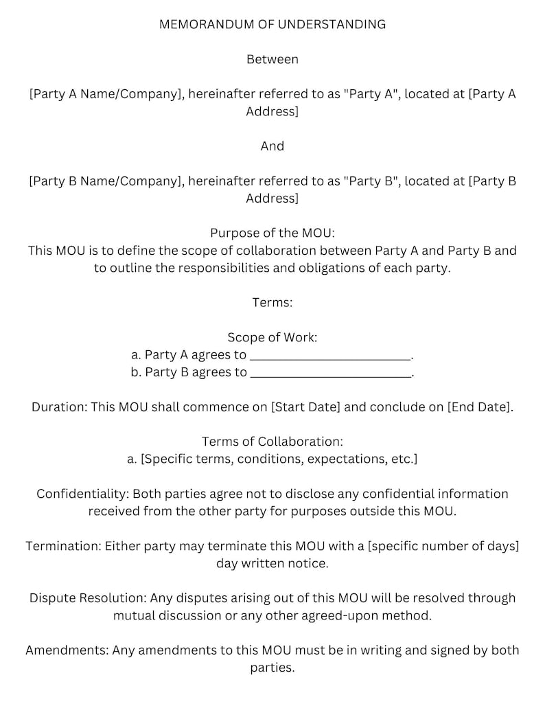 Memorandum of Understanding (MOU) Template - Etsy