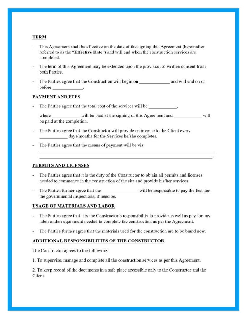 Construction Contract Agreement Template - Pdf Download - Etsy