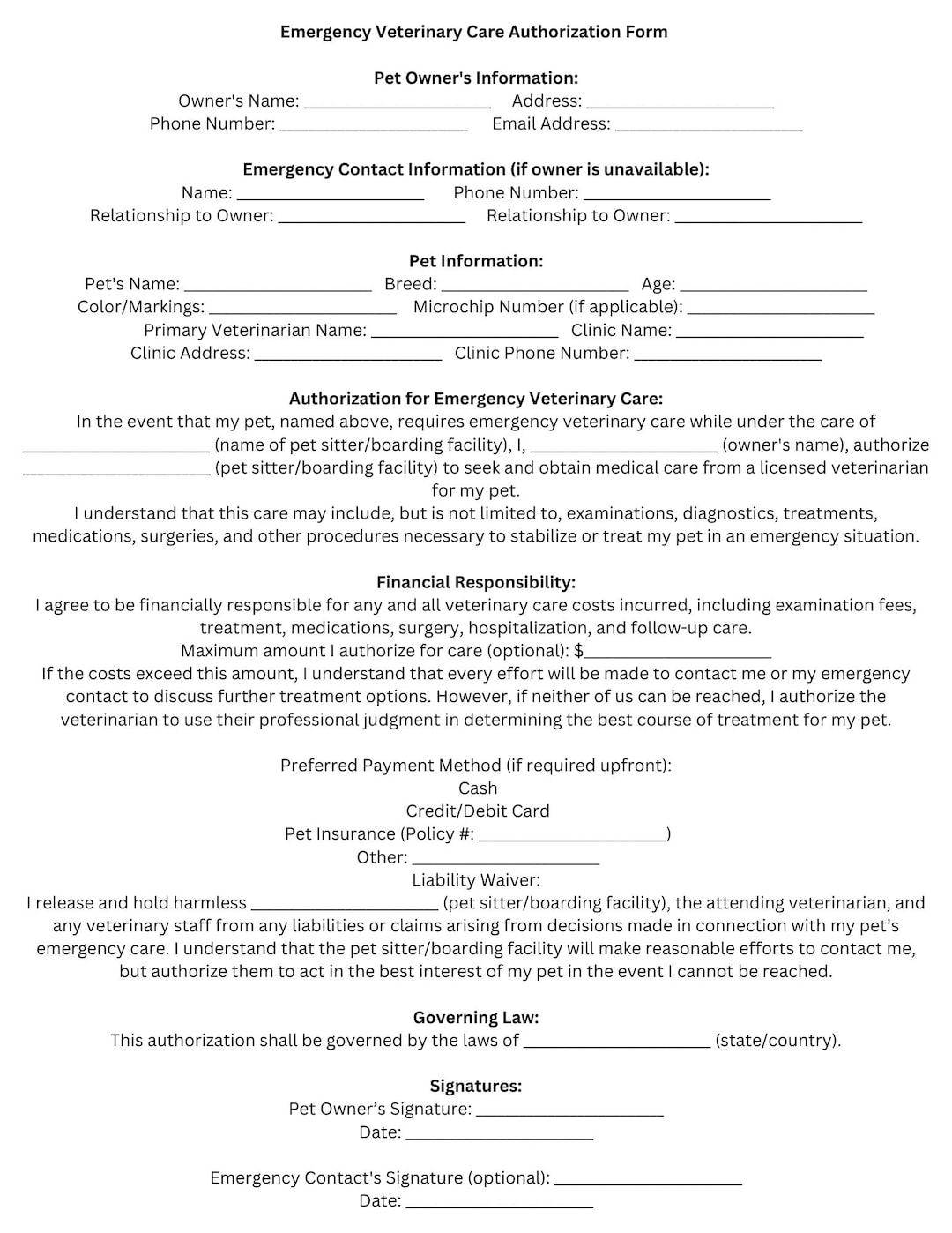 Emergency Veterinary Care Authorization Form | Digital Download | PDF ...