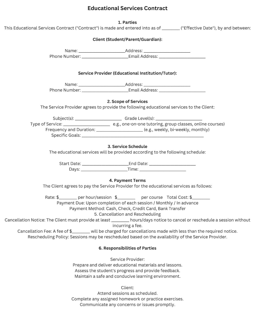 Educational Services Contract Template-pdf Download and Print - Etsy