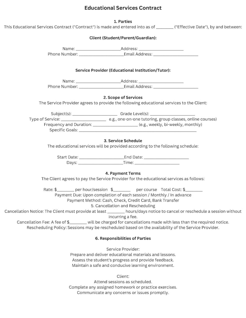 Educational Services Contract Template-pdf Download and Print - Etsy