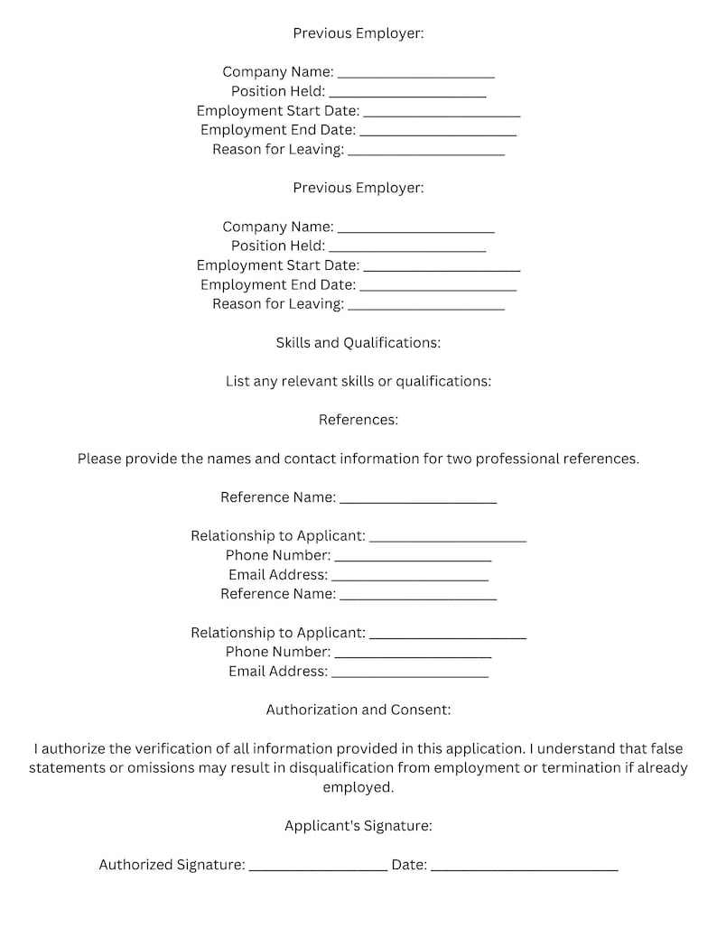 Employment Application Form - Etsy