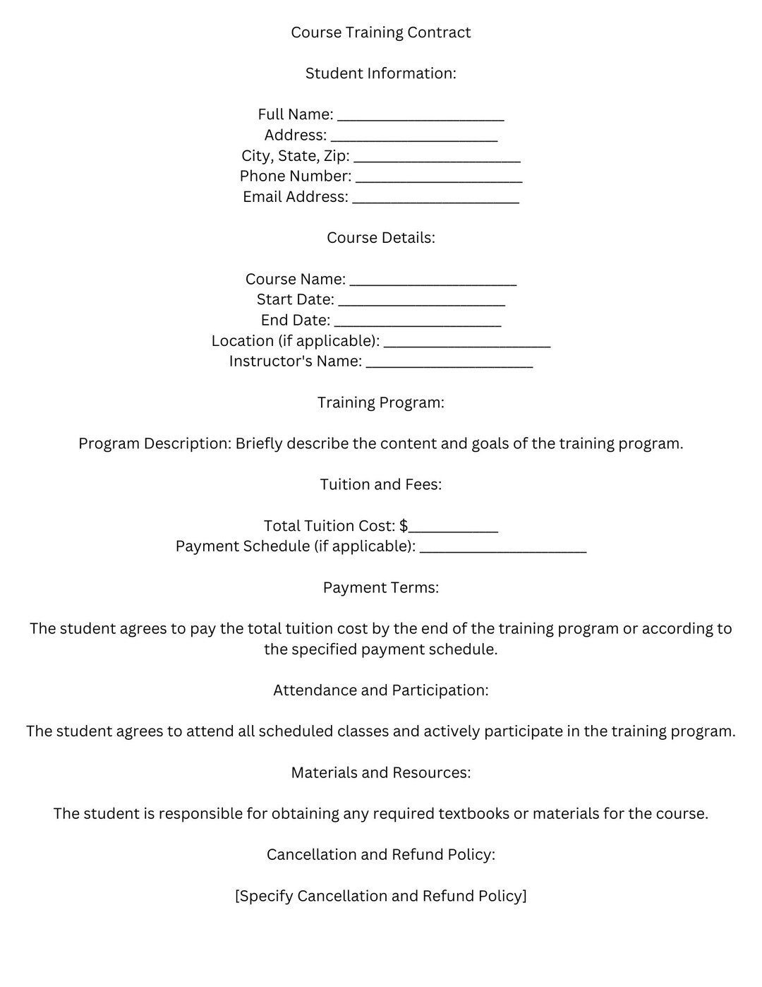 Course Training Contract- Template, Instant Download - Etsy