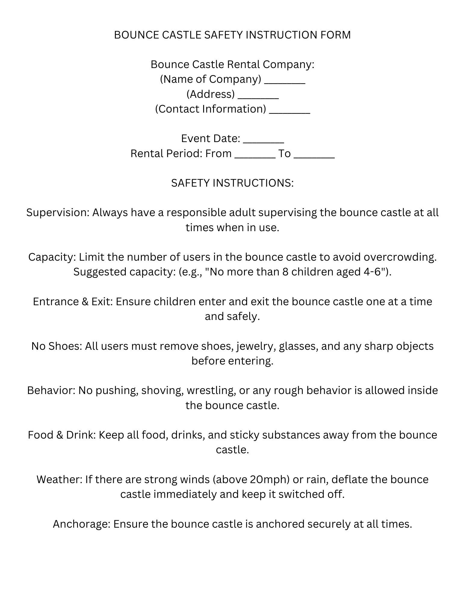 Bounce Castle Safety Instruction Form - Etsy