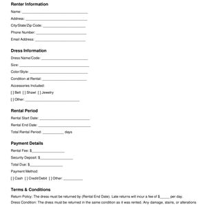 Dress Rental Agreement Form | Editable Dress Lease Contract | Printable ...