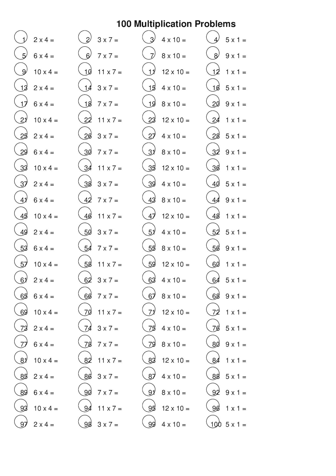 100 Multiplication Problems Worksheet