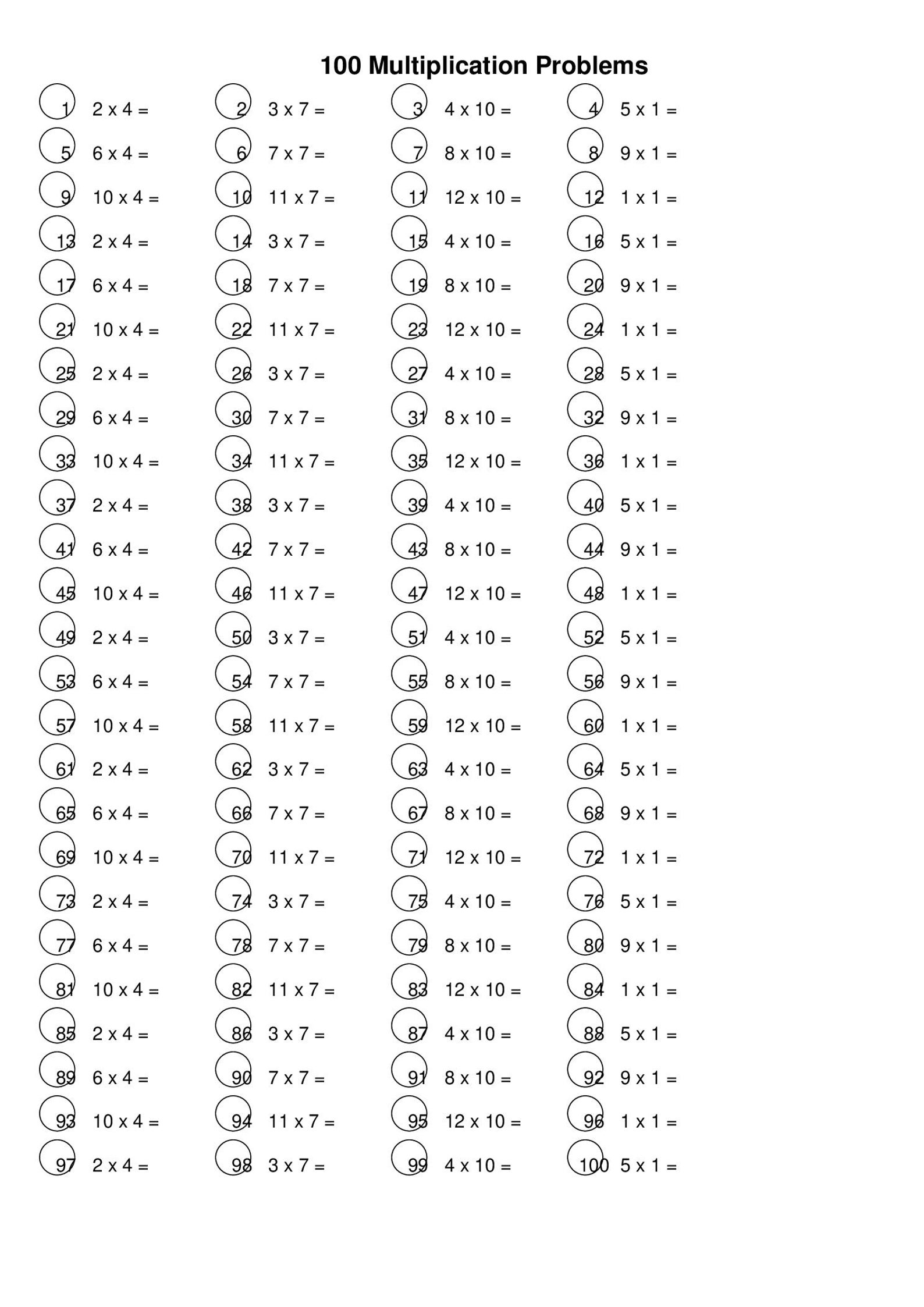 100 Multiplication Problems Printable Worksheet for Elementary Students ...