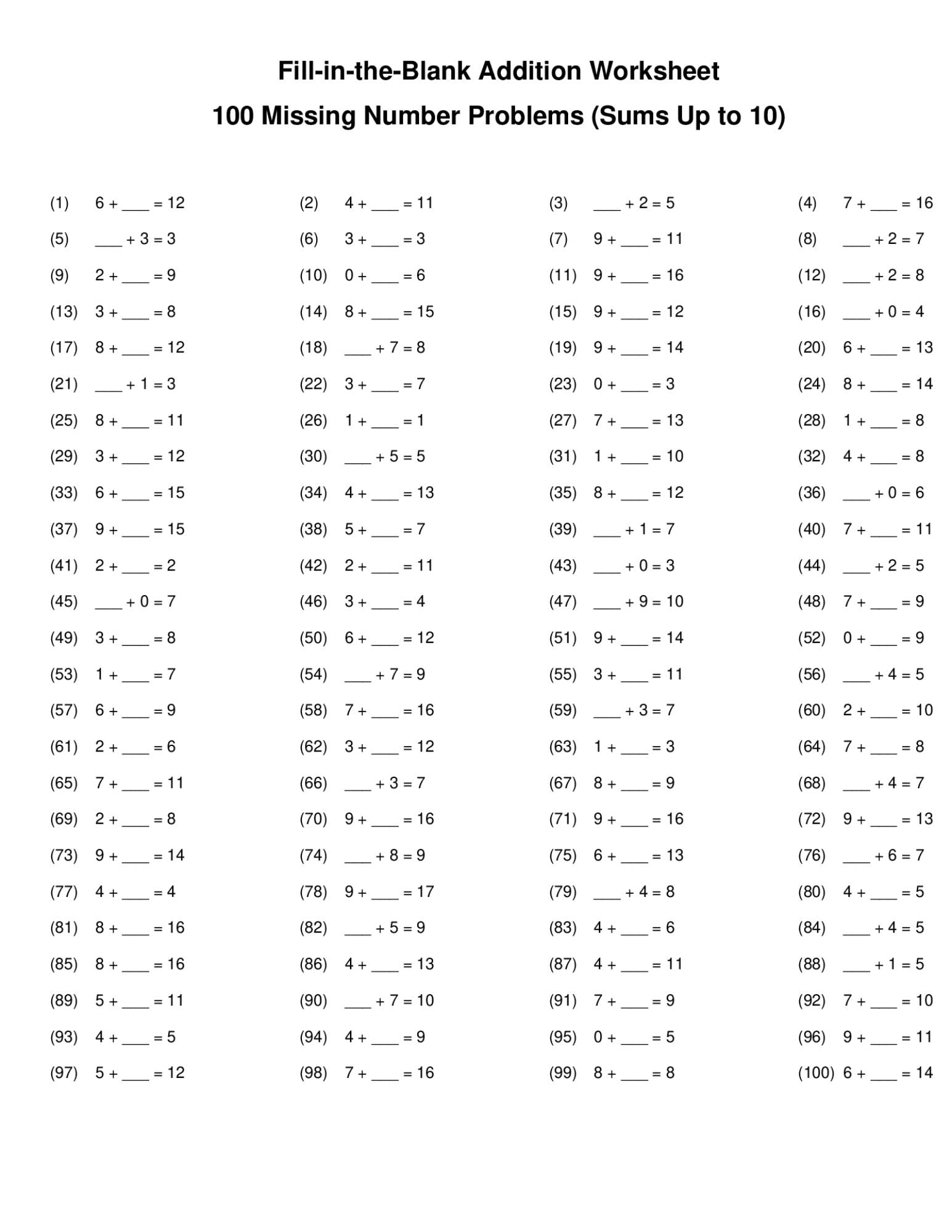 Fill-in-the-blank Addition Worksheets – 100 Missing Number Problems for ...