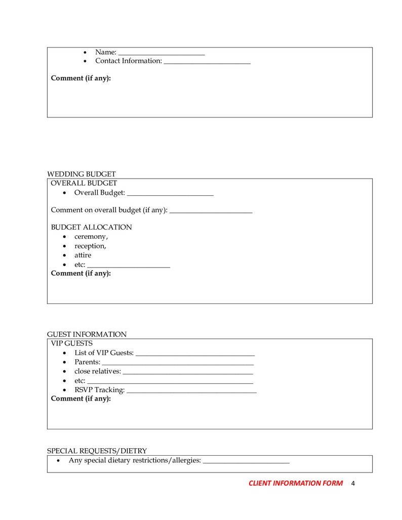 Wedding Client Information Forms - Comprehensive Pack (9 Pages ...