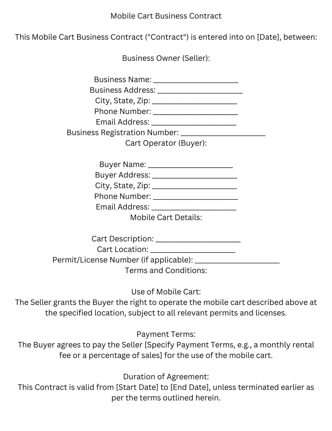 Mobile Cart Business Contract Template - Etsy