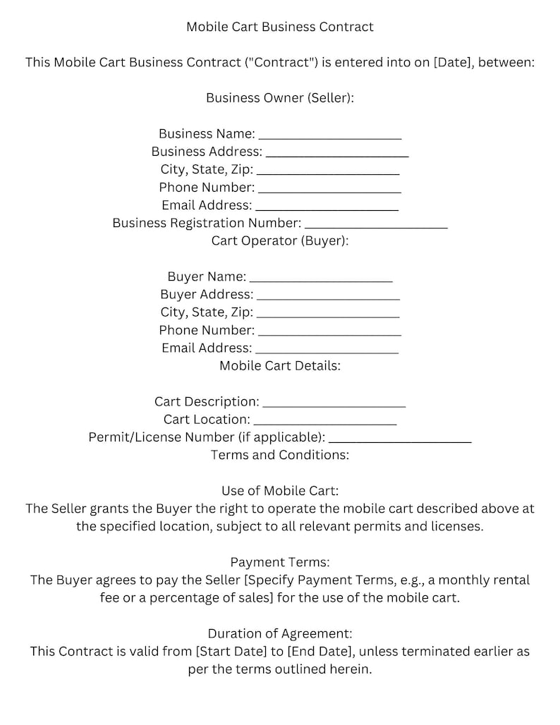 Mobile Cart Business Contract Template - Etsy