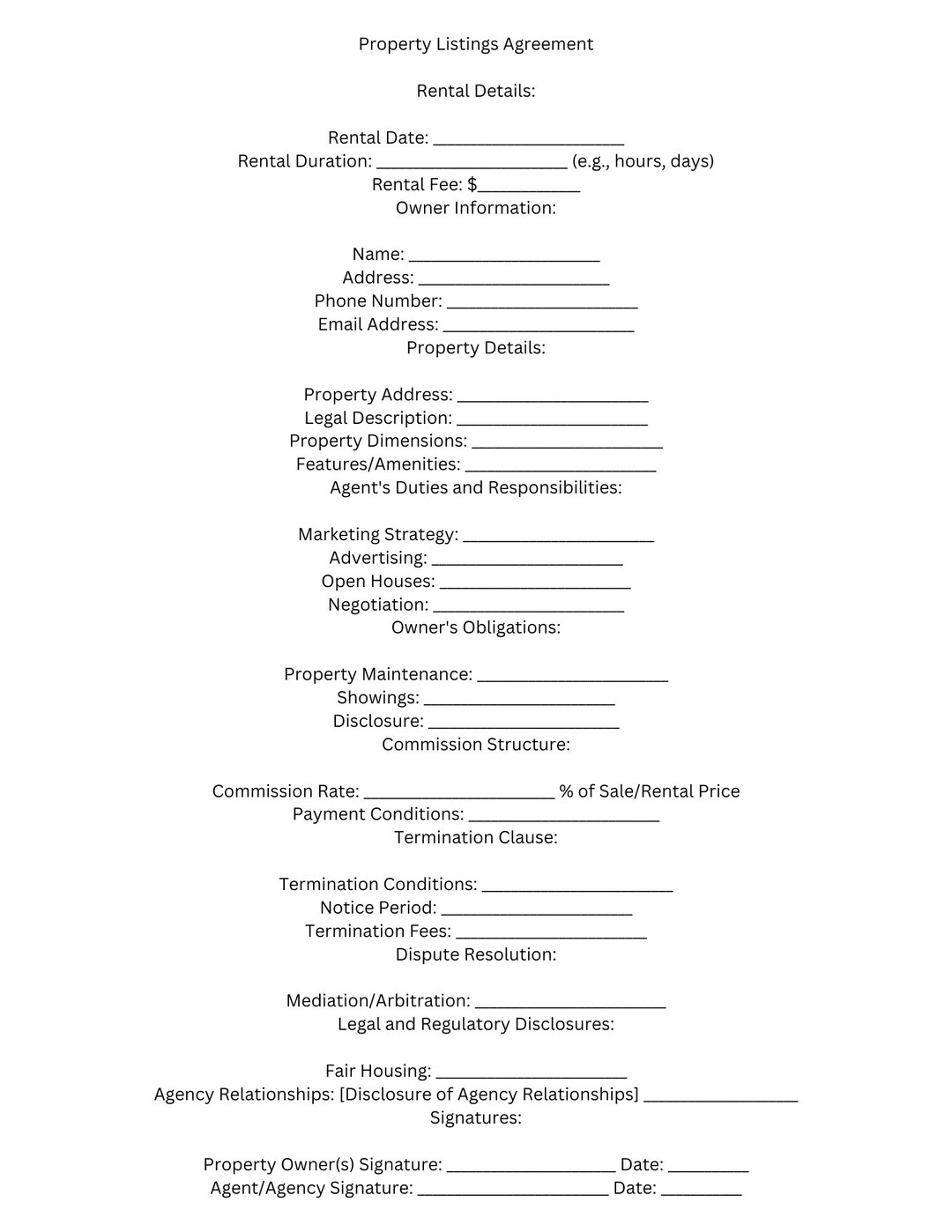 Property Listing Agreement Template - 1 Page, Instant Download - Etsy