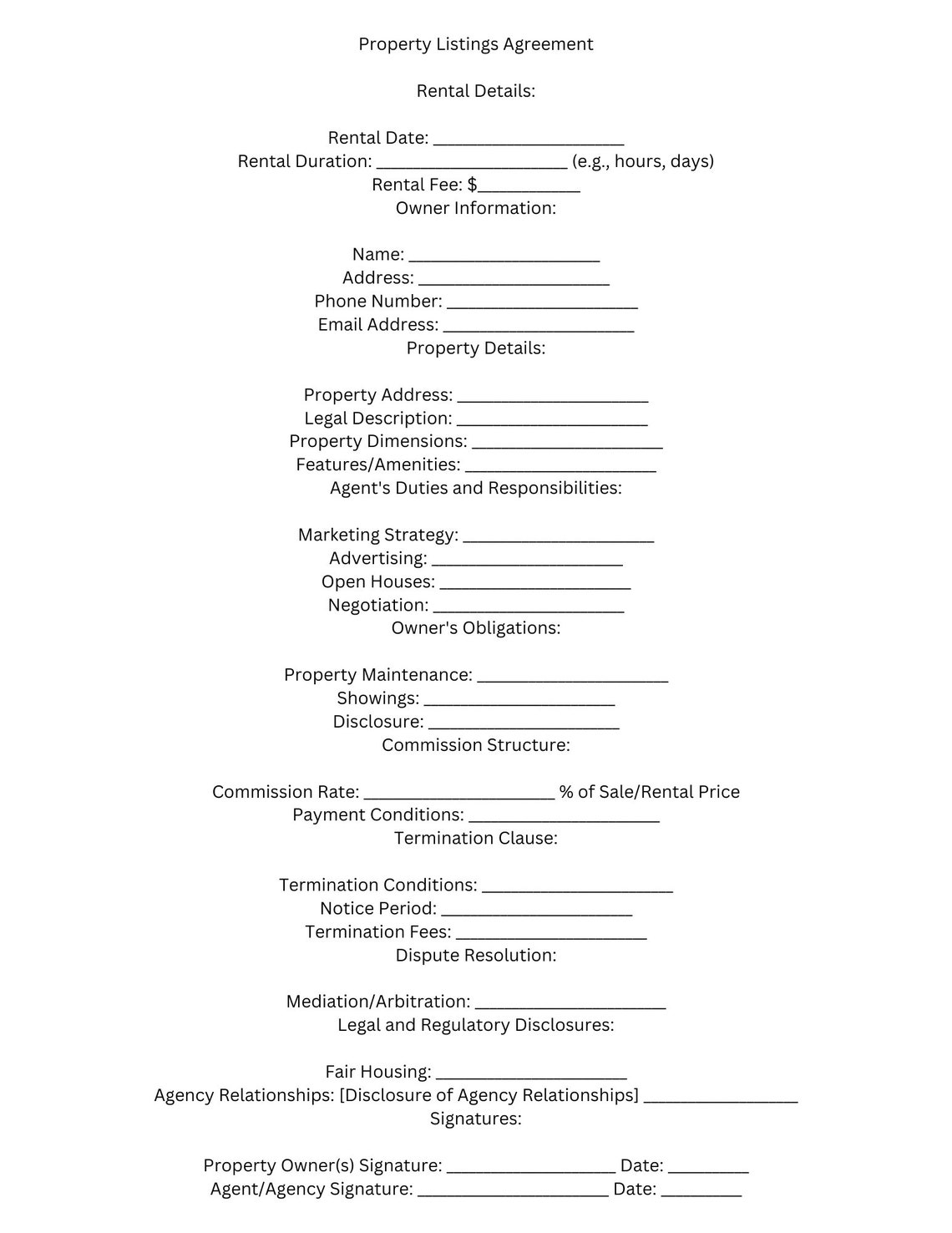 Property Listing Agreement Template - 1 Page, Instant Download - Etsy