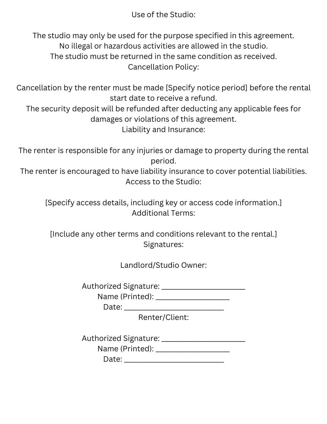 Studio Rental Agreement Form - Professional and Customizable - Etsy