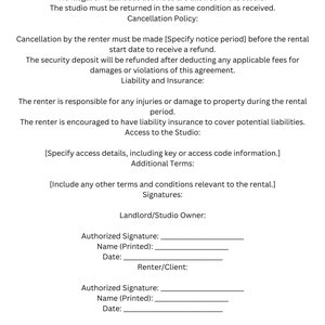 Studio Rental Agreement Form - Professional and Customizable - Etsy