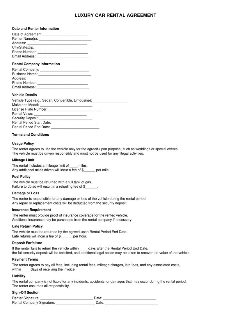 Luxury Car Rental Agreement | High-end Vehicle Contract | Editable PDF ...