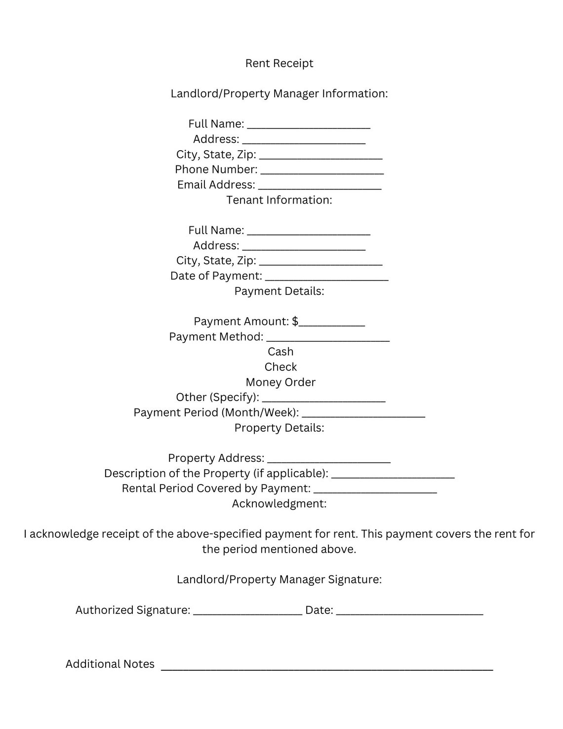 Rent Receipt Form- Template Instant Download for Landlords and Tenants ...
