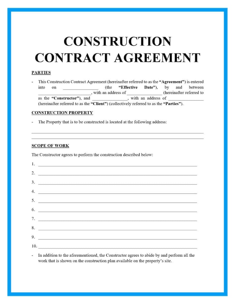 Construction Contract Agreement Template - Etsy