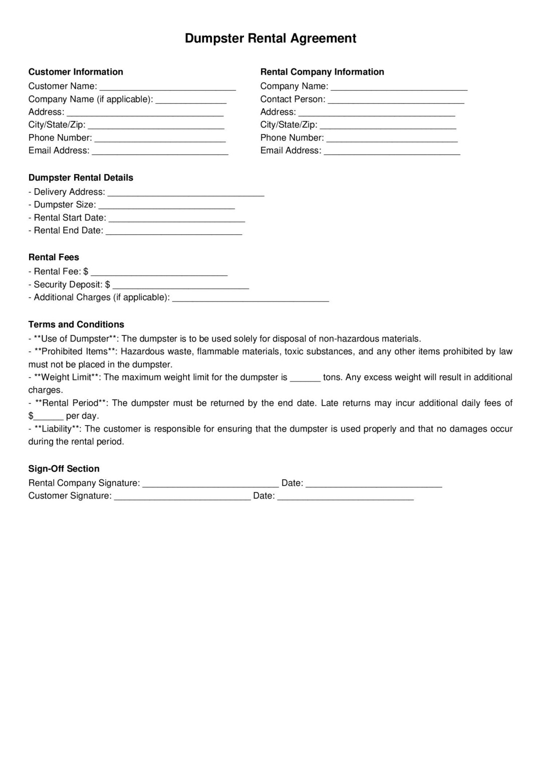 Dumpster Rental Agreement | Editable Waste Disposal Contract | PDF ...