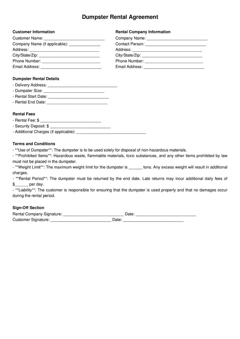Dumpster Rental Agreement | Editable Waste Disposal Contract | PDF ...