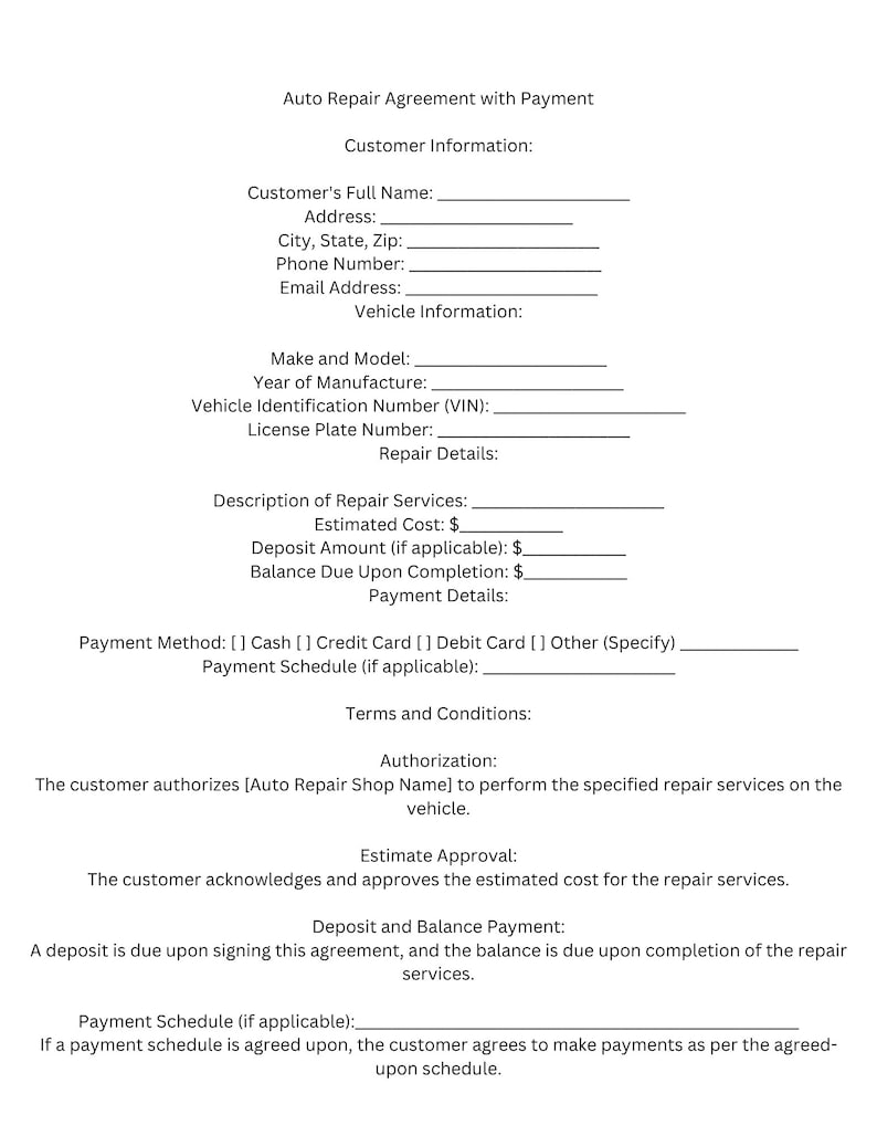 Auto Repair Contract - Etsy