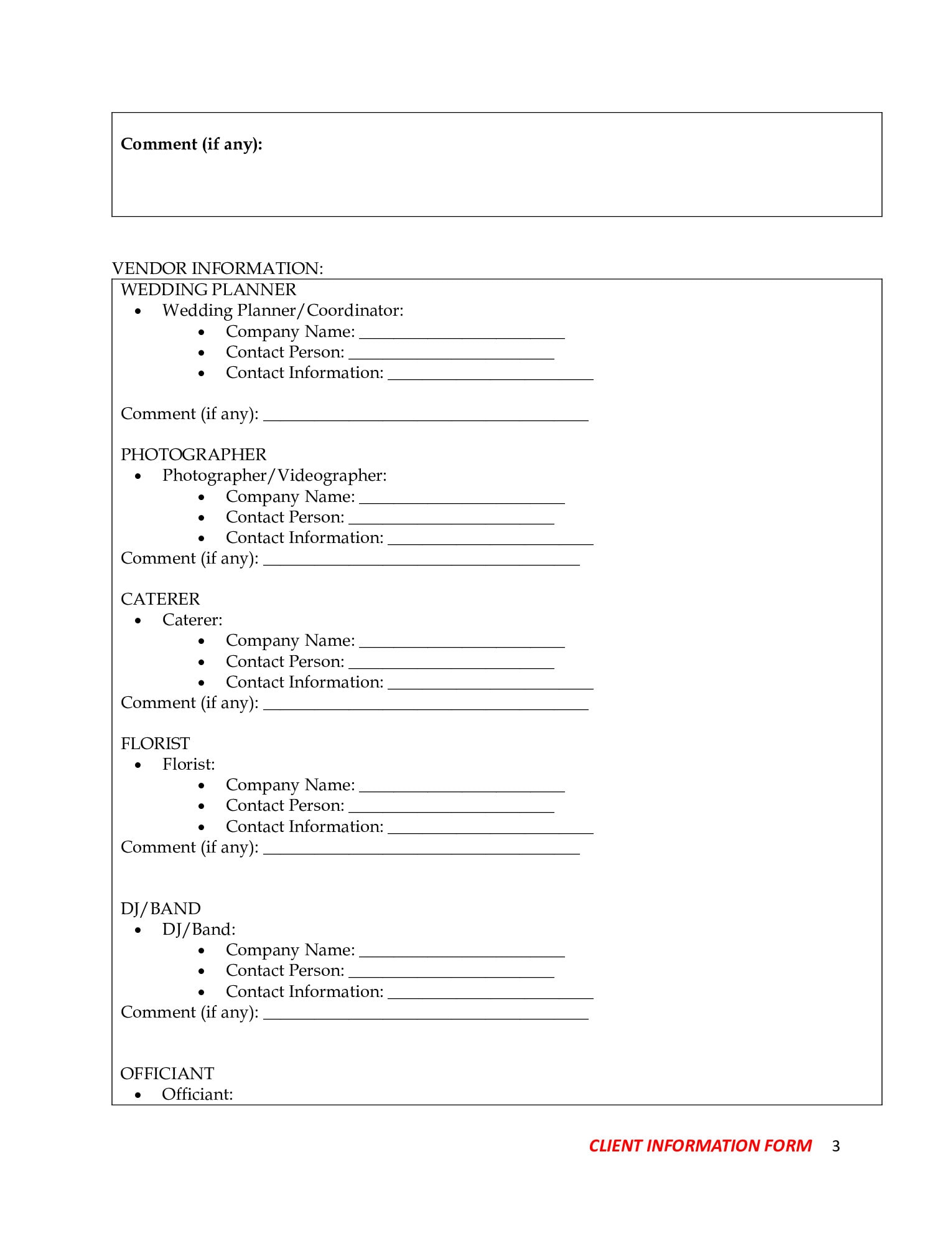 Wedding Client Information Forms - Comprehensive Pack (9 Pages ...