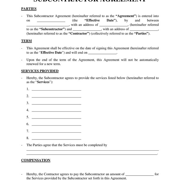 Subcontractor Agreement Template - Etsy