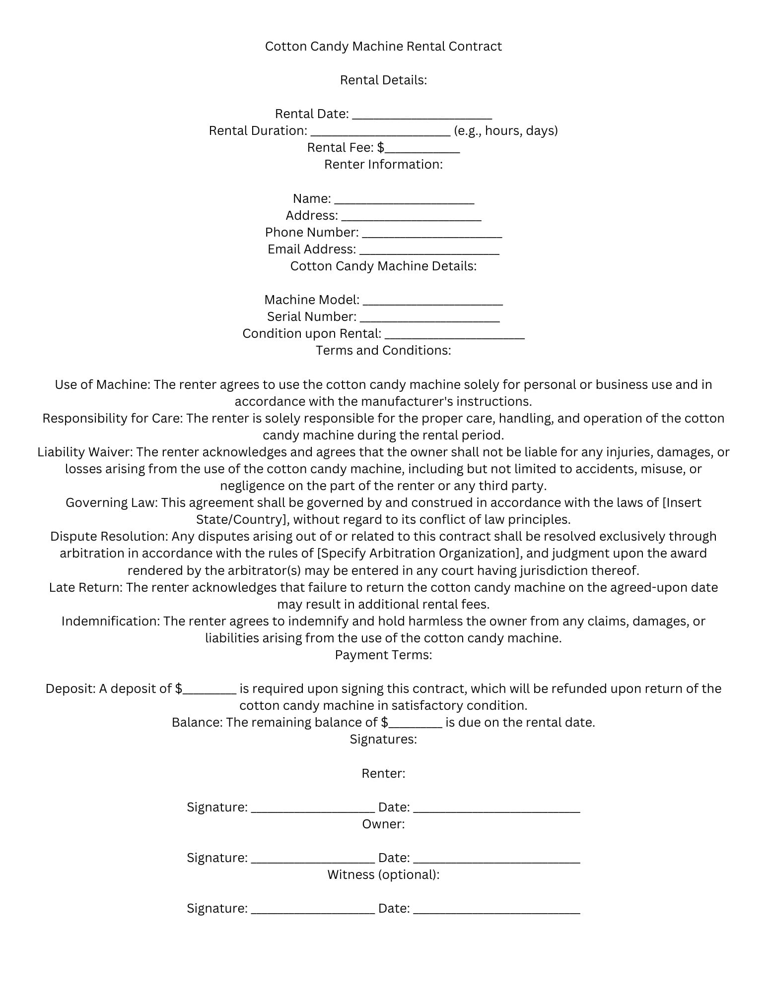 Cotton Candy Machine Rental Contract Template, Instant Download, Party ...
