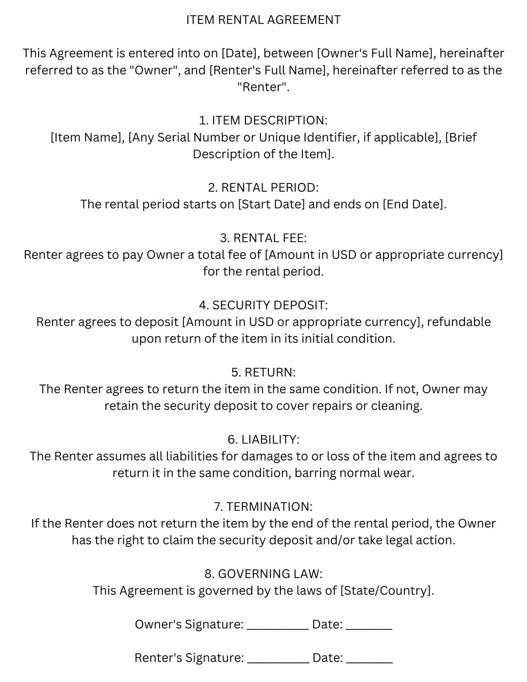 Simple Item Rental Agreement Template - Instant Download - Etsy