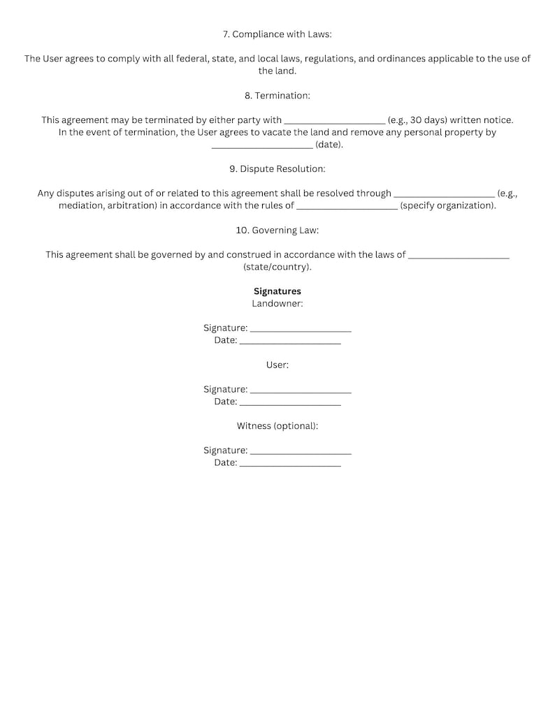 Land Usage Agreement Form- Template, Download and Print - Etsy