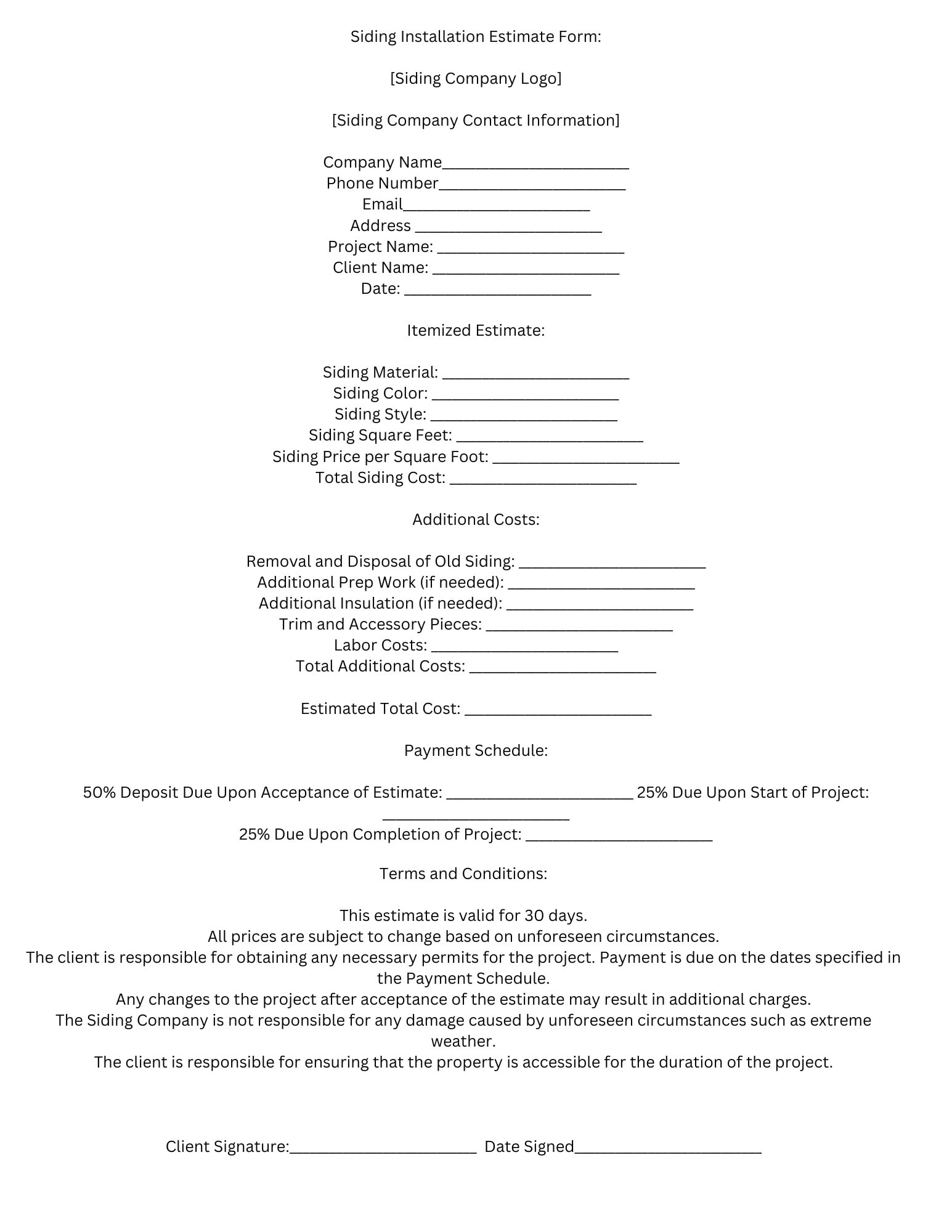 Siding Installation Estimate Form- Template, Instant Download - Etsy