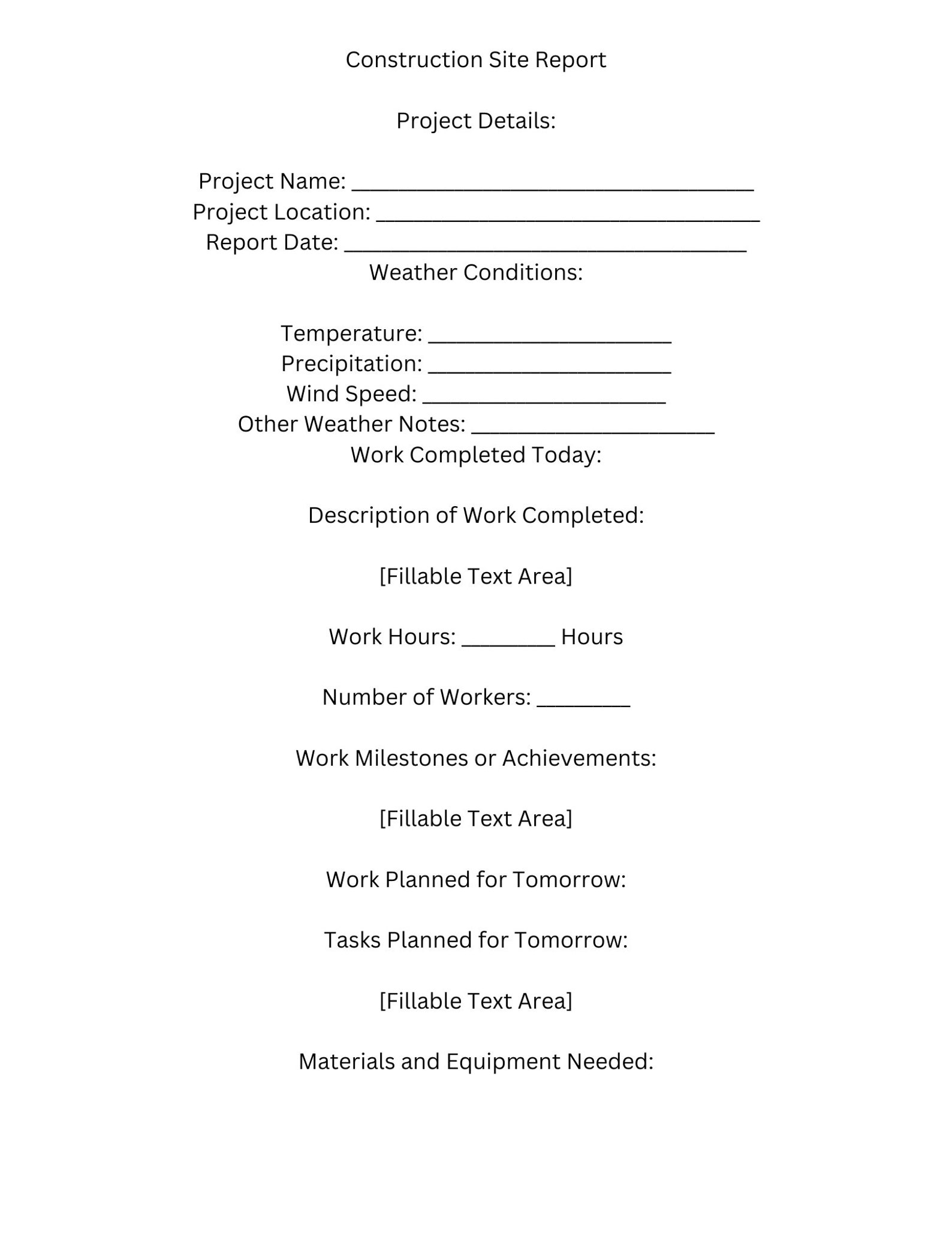 Construction Site Report Template - Comprehensive and Fillable - Etsy