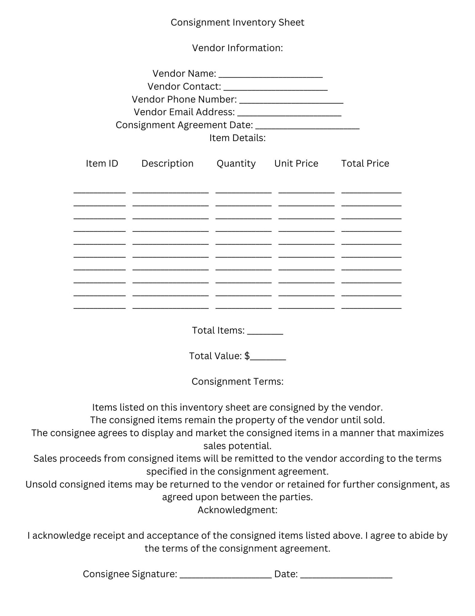 Consignment Inventory Sheet - Etsy