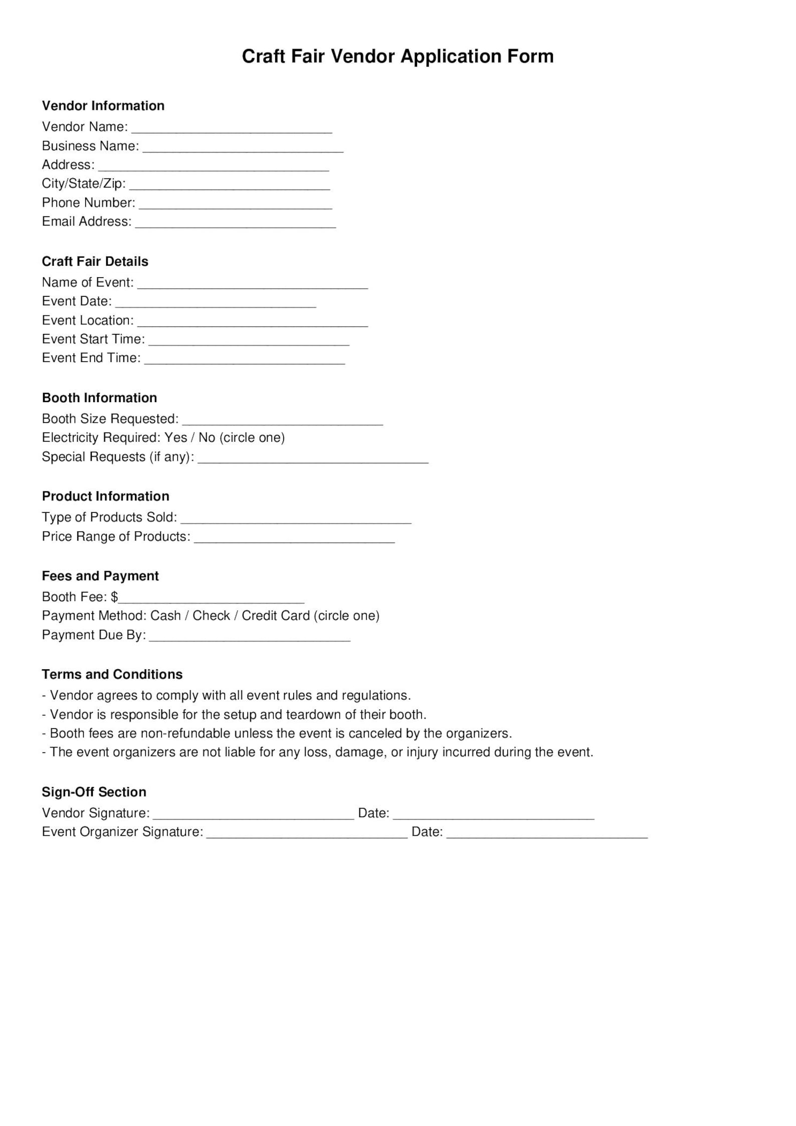 Craft Fair Vendor Application Form | Editable Vendor Agreement PDF - Etsy
